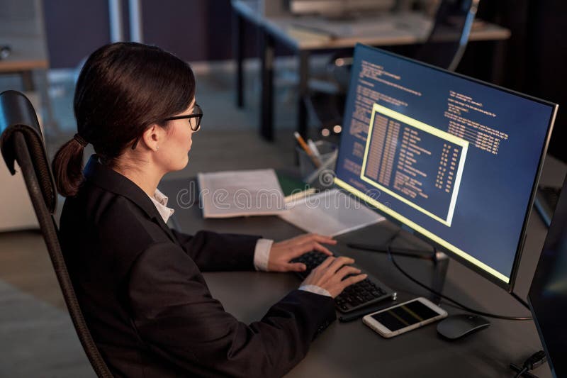 Female Software Developer Writing Code While Using Computer At Workplace Stock Image Image Of