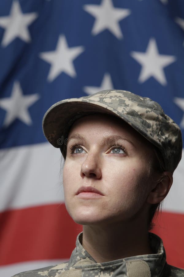 Female Soldier in Front of US Flag Looking Up, Ver Stock Image - Image ...