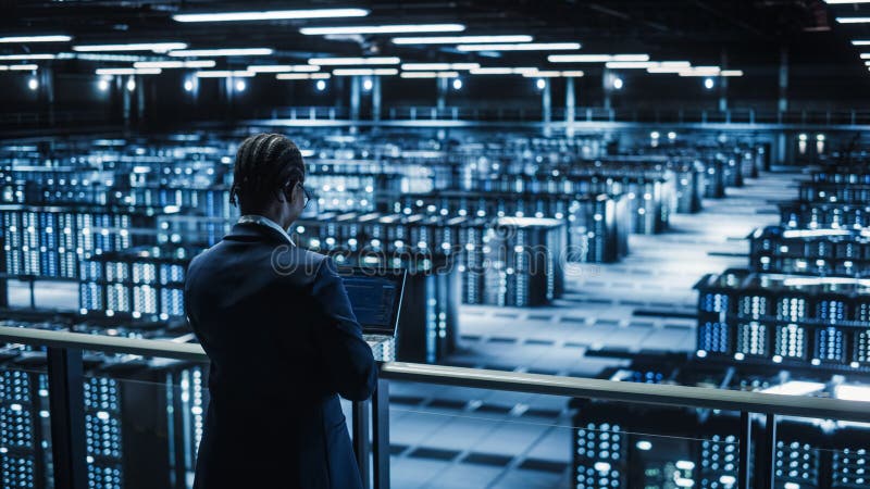 Female it Specialist Using Laptop Computer in Data Center, Walking on a ...