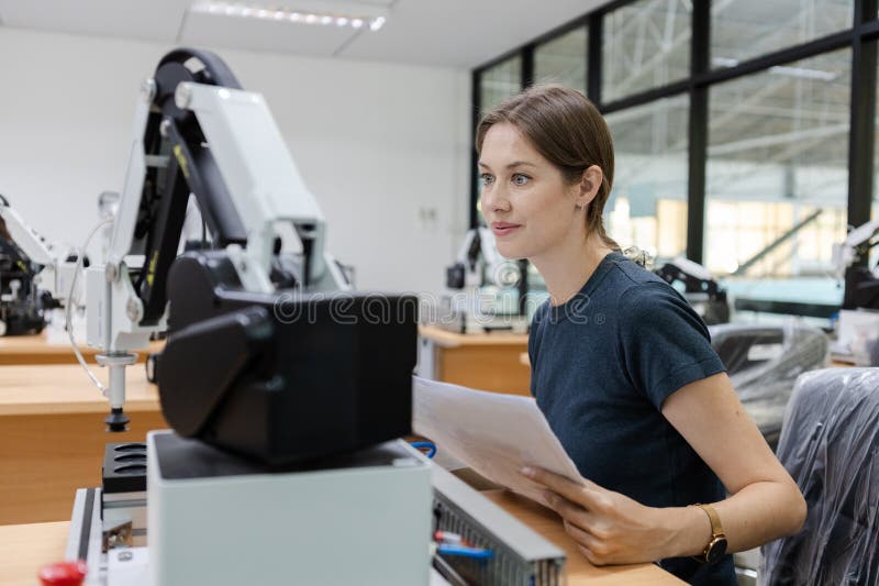 Female Staff Engineer Working System Robot. Education Classroom for ...