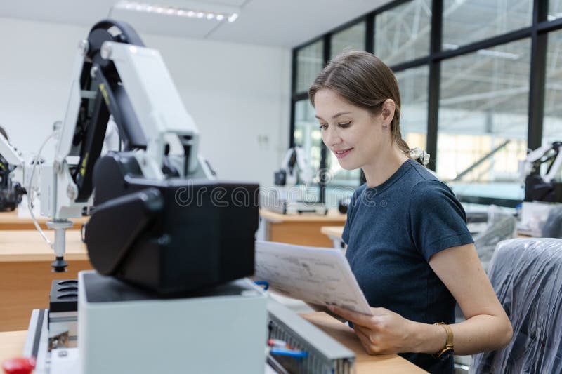 Female Staff Engineer Working System Robot. Education Classroom for Future Robotics Learning ...