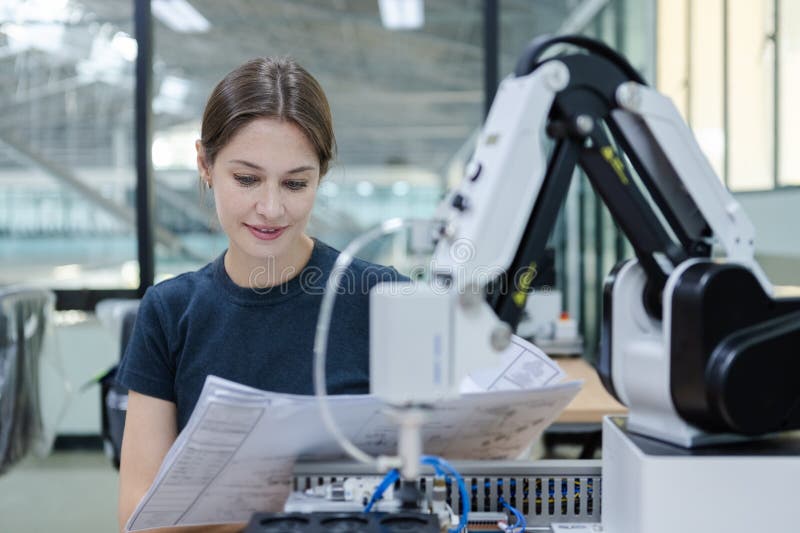 Female Staff Engineer Working System Robot. Education Classroom for ...