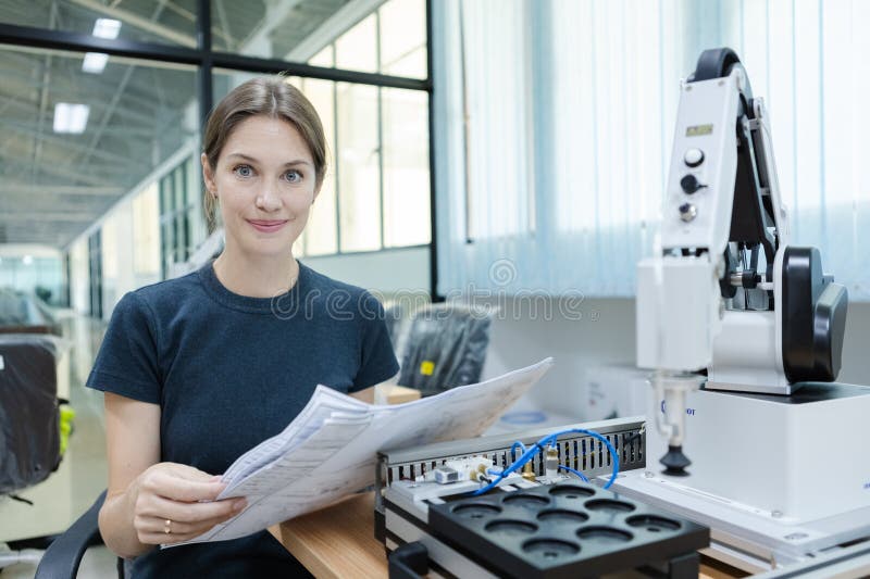Female Staff Engineer Working System Robot. Education Classroom for Future Robotics Learning ...