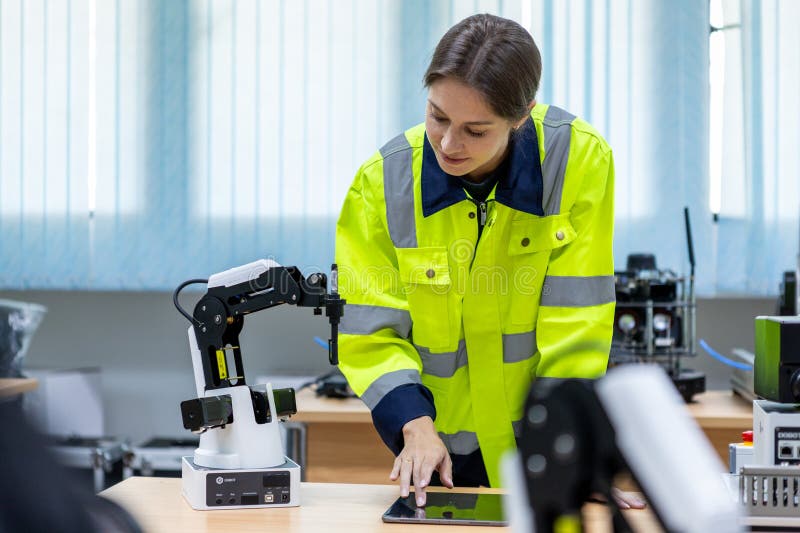 Female Staff Engineer Working System Robot. Education Classroom for ...