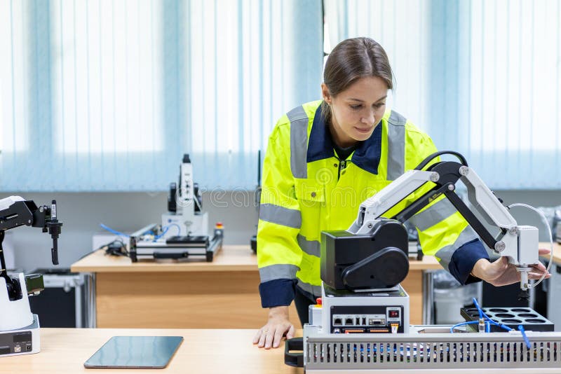 Female Staff Engineer Working System Robot. Education Classroom for ...