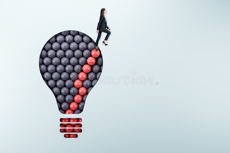Female Standing on Abstract Pattern Light Bulb on Light Background with ...