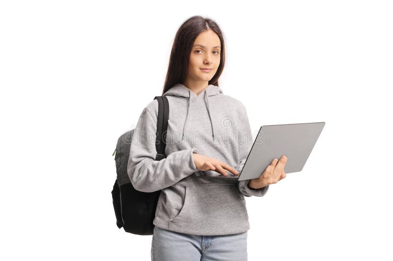 Female Student with a Backpack Browsing on a Laptop Computer Stock ...