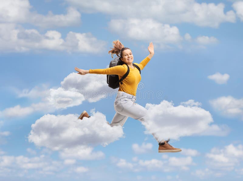 Female Student with a Backpack Jumping High Stock Image - Image of ...