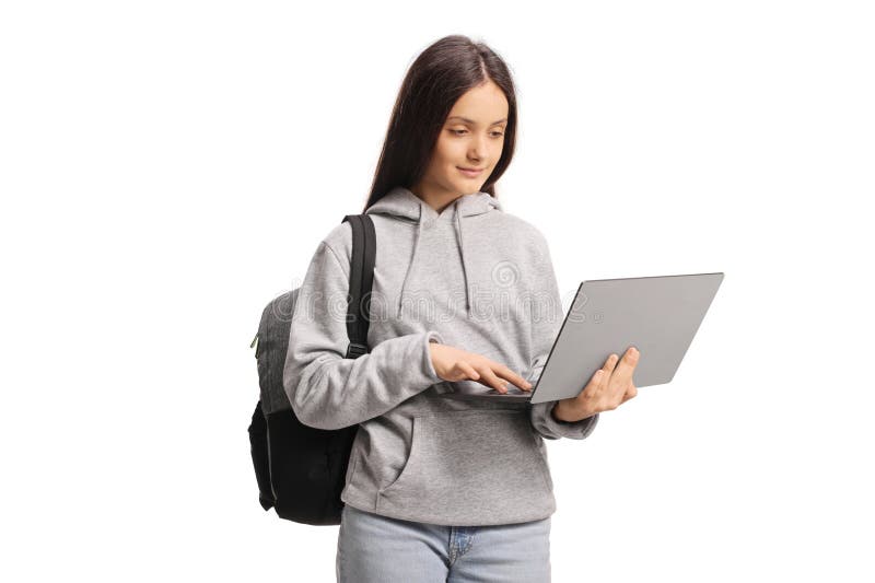 Female Student with a Backpack Using a Laptop Computer Stock Image ...