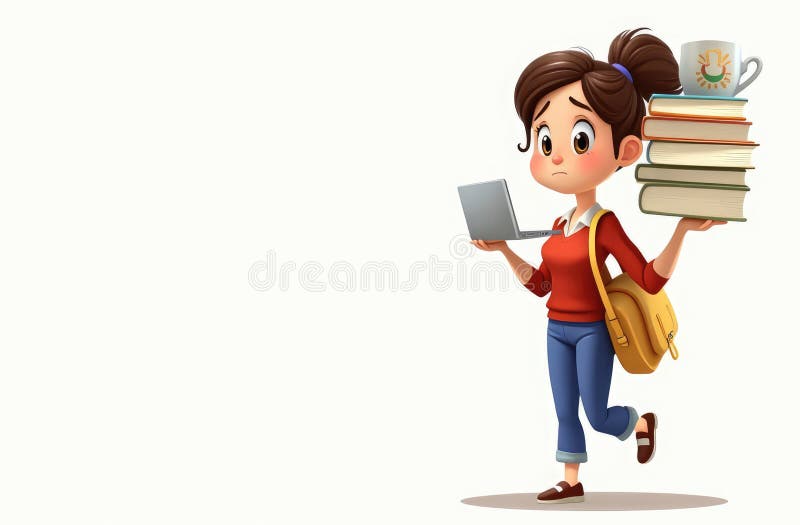 Female Student Balancing Laptop, Stack of Books and Coffee, Looking ...
