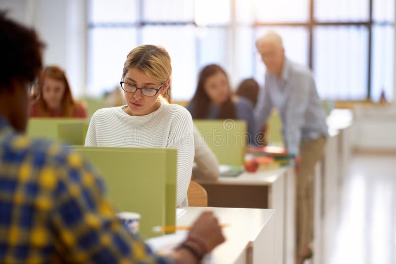 Female Student Carefully Studies the Lesson at a Lecture Stock Image ...