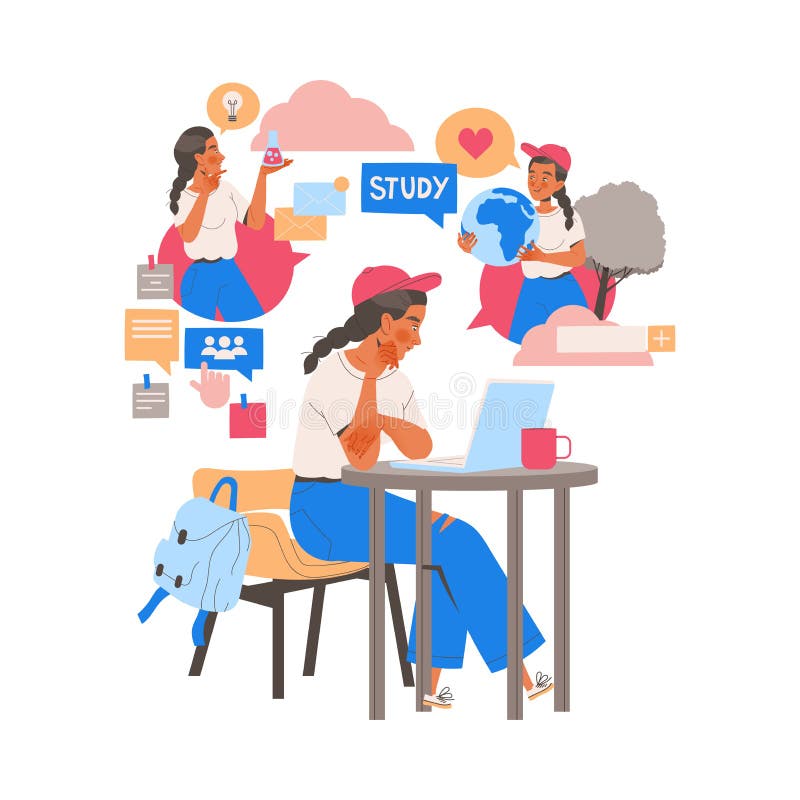 Female Student Character Learning Multitasking Switching between ...