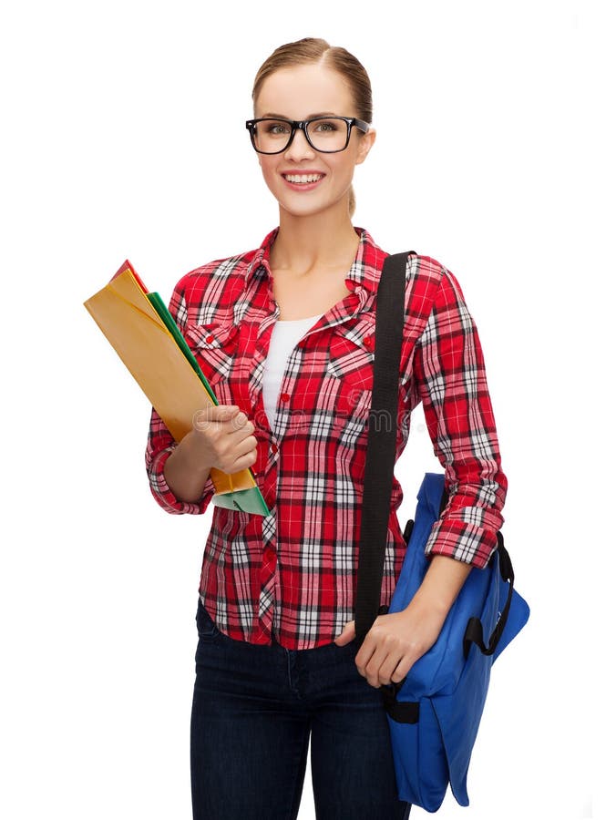 Female Student in Eyeglasses with Bag and Folders Stock Image - Image ...