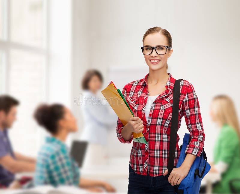 Female Student in Eyeglasses with Bag and Folders Stock Image - Image ...