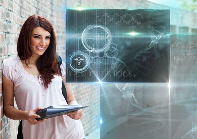 Female Student Studying with Book and Science Education Interface ...