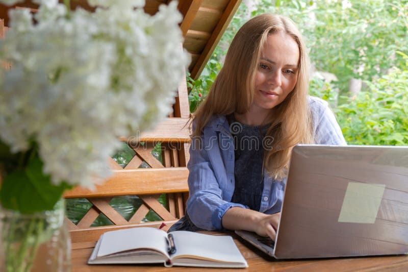 Female Student Has Online Lesson Education Outdoor in Garden Wooden ... Female Student Has Online Lesson Education Outdoor in Garden Wooden ...