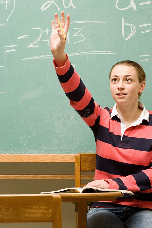 Female Student with Her Hand Raised Stock Image - Image of hands ...