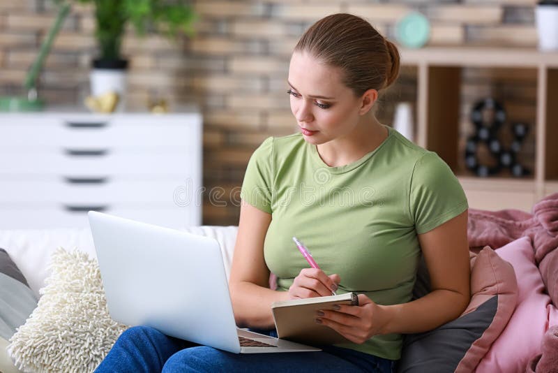 Female Student with Laptop Studying at Home Stock Image - Image of ...