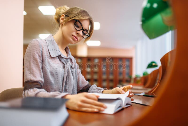 Female Student Learning Book in University Library Stock Image - Image ...
