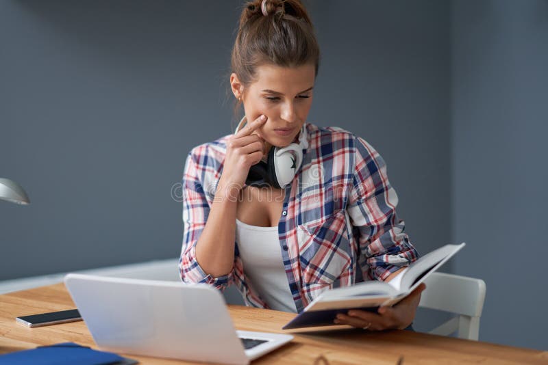 Female Student Learning at Home Stock Image - Image of school ...