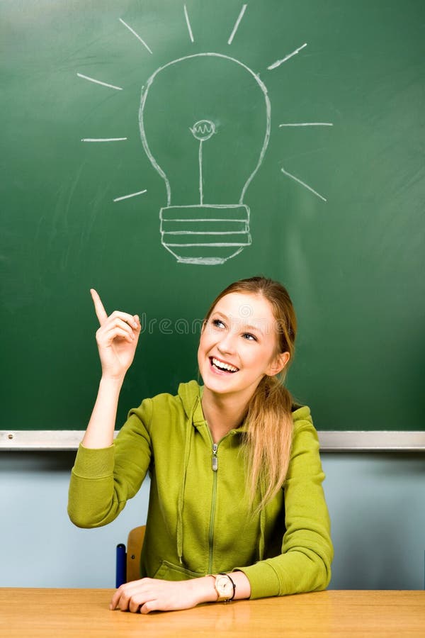 Female Student and Light Bulb on Chalkboard Stock Photo - Image of idea ...