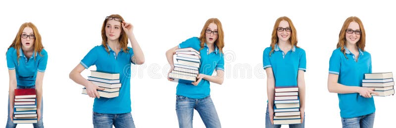 The Female Student with Many Books Isolated on White Stock Photo ...