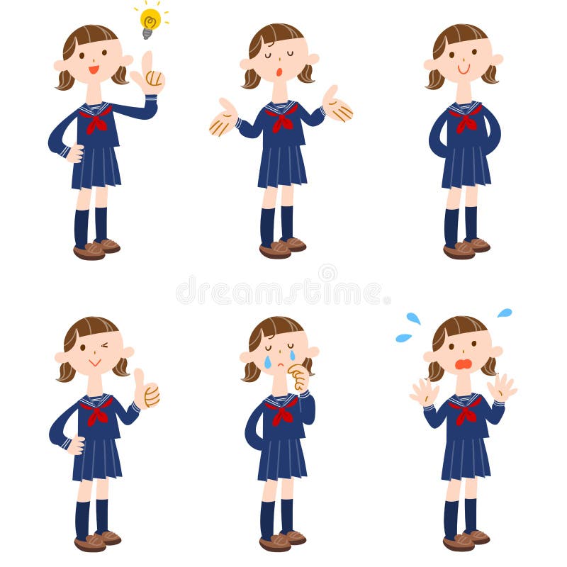 Female Student in School Uniform Poses and Gestures, Whole Body Stock ...