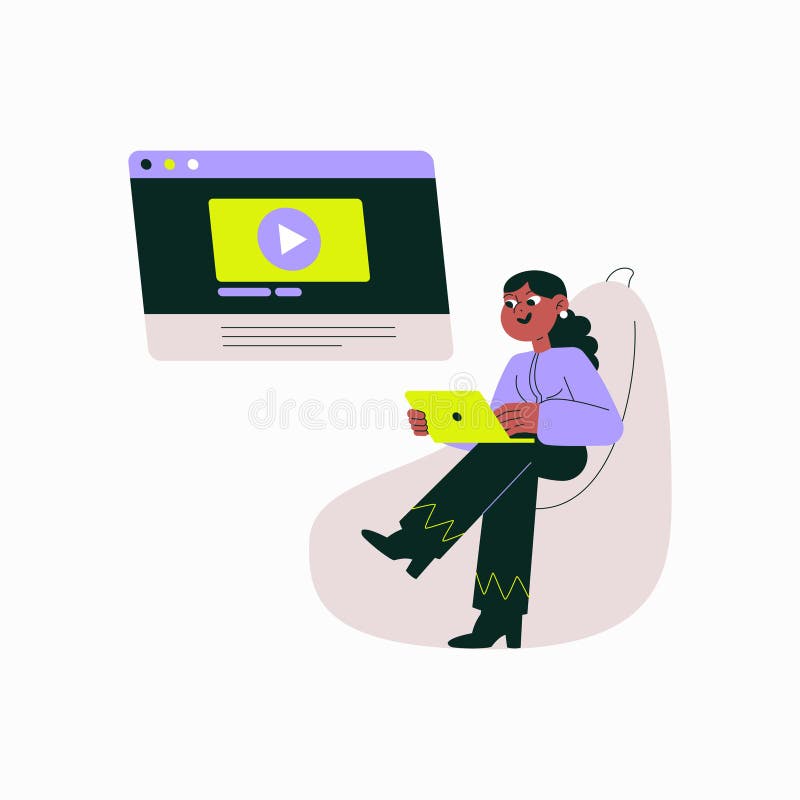 Female Student Watching Online Tutorial in Flat Vector Illustration ...
