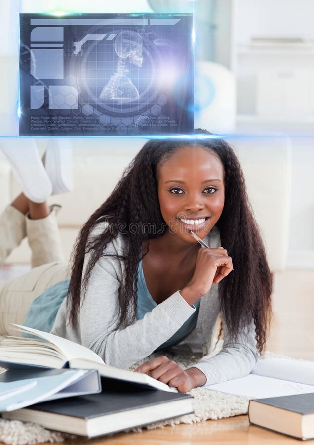 Female Student Studying with Book and Science Education Interface ...