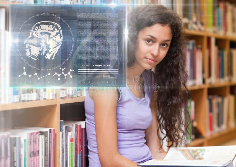 Female Student Studying with Book and Science Education Interface ...