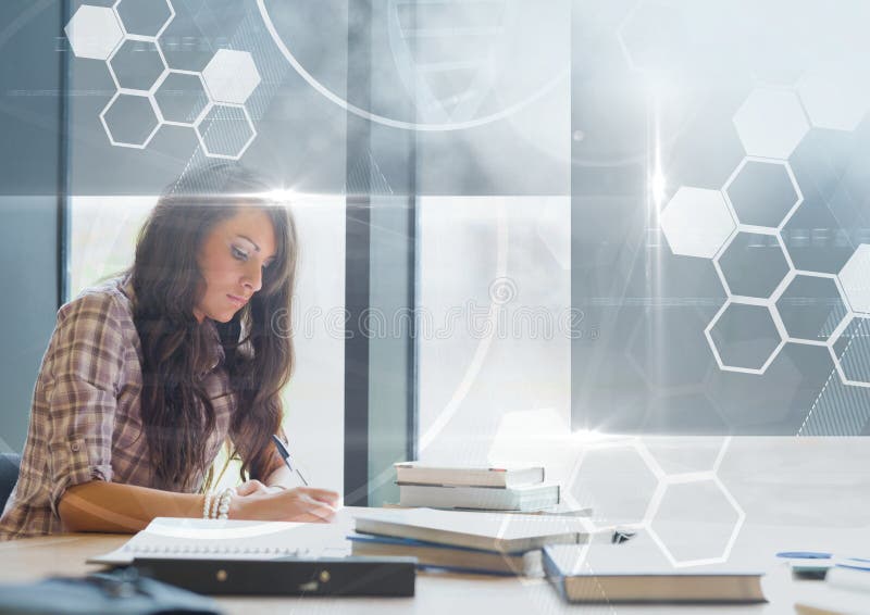 Female Student Studying with Notes and Science Education Interface ...