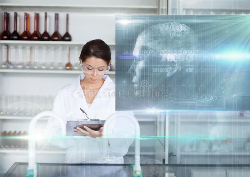 Female Student Studying with Notes and Science Education Interface ...