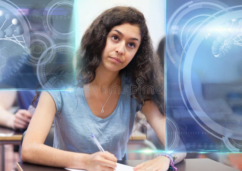 Female Student Studying with Notes and Science Education Interface ...