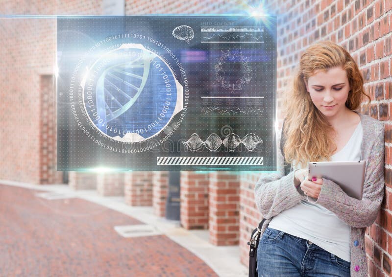 Female Student Studying with Tablet and Science Education Interface ...