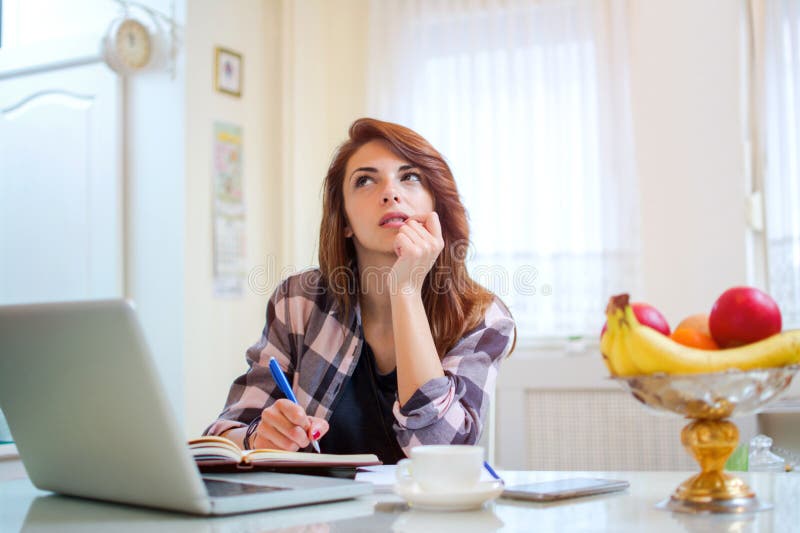 Female Student Thinking at Home. Stock Image - Image of people, idea ...