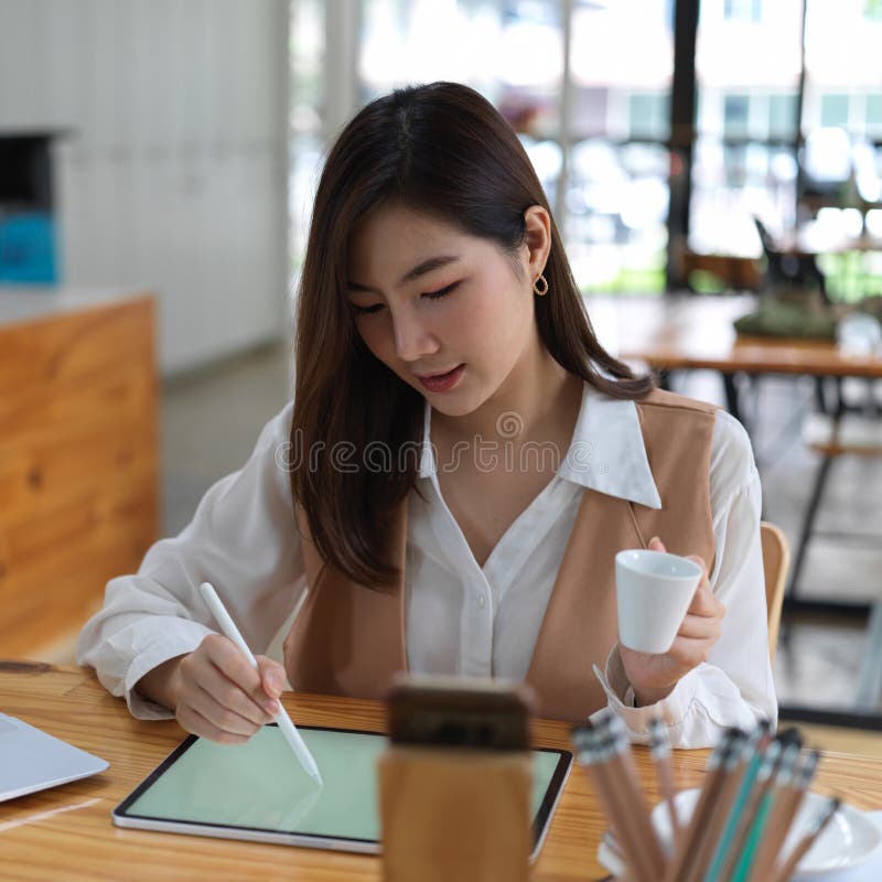 Female Student Using Mock Up Digital Tablet Co Working Space Stock ...
