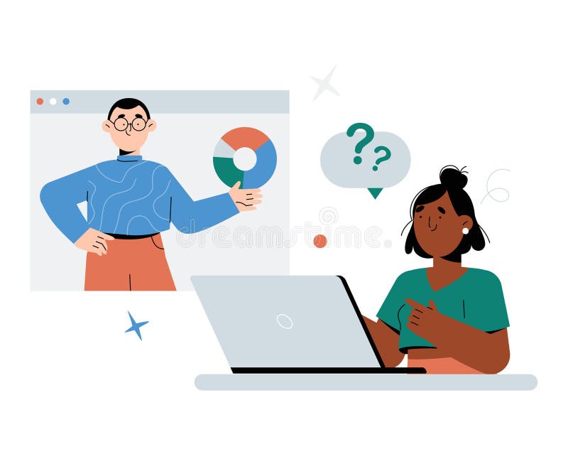 Female Student Attending Online Lecture in Flat Vector Illustration ...