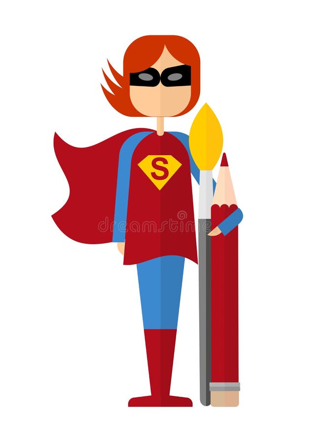 Superhero with Pen and Pencil Stock Illustration - Illustration of ...