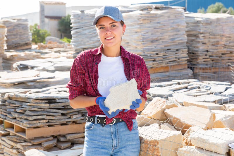 Female Supervisor Posing with Natural Stone Tile Stock Photo - Image of ...
