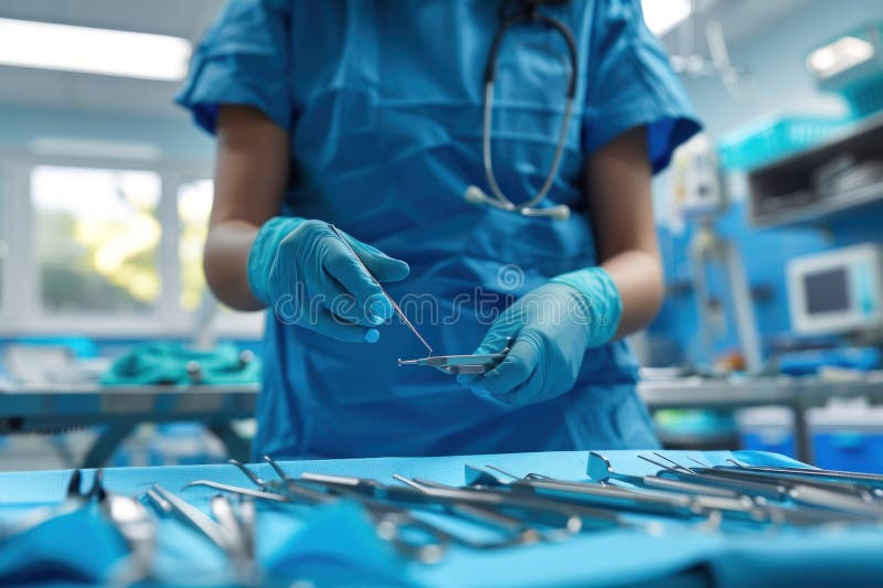 A Female Surgeon in Blue Scrubs is Preparing Surgical Instruments on an ...