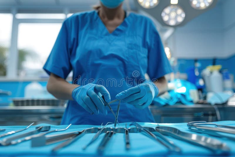 A Female Surgeon in Blue Scrubs is Preparing Surgical Instruments on an ...