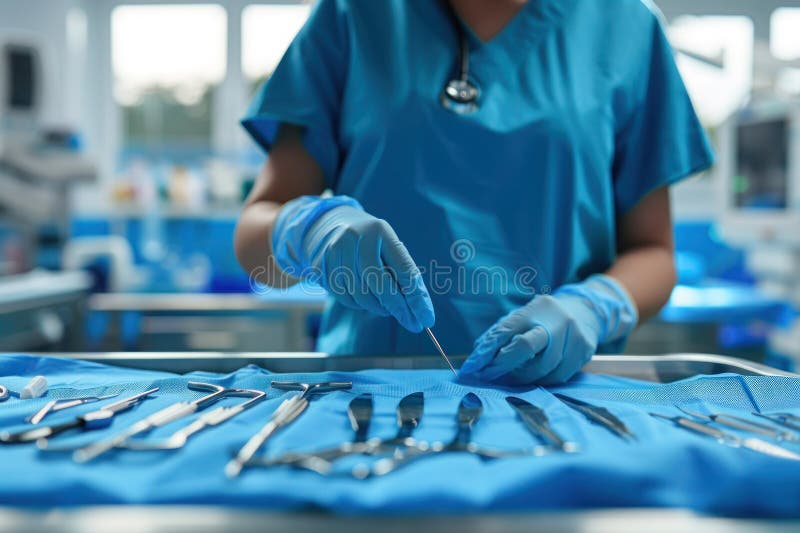 A Female Surgeon in Blue Scrubs is Preparing Surgical Instruments on an ...