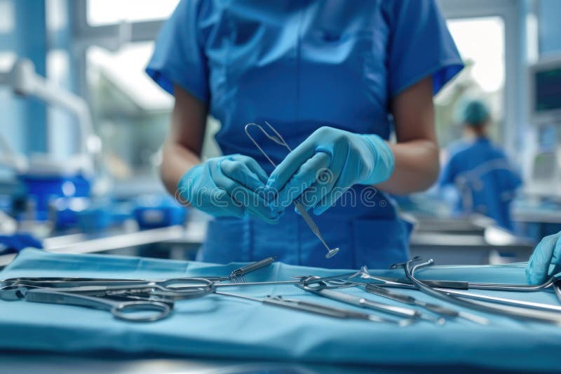 A Female Surgeon in Blue Scrubs is Preparing Surgical Instruments on an ...