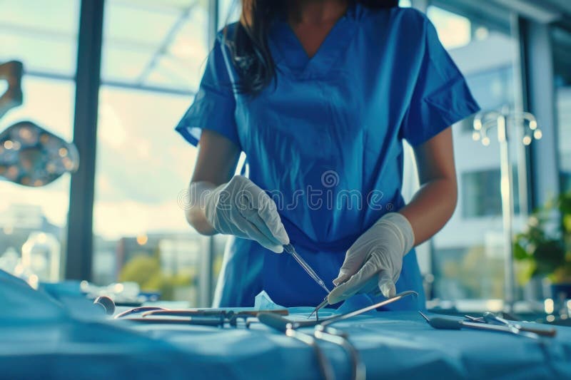 A Female Surgeon in Blue Scrubs is Preparing Surgical Instruments on an ...