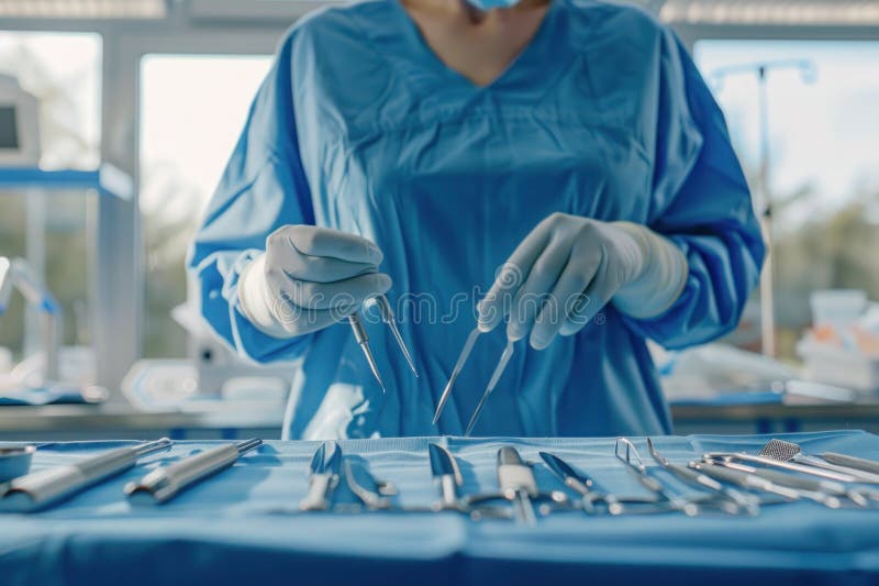 A Female Surgeon in Blue Scrubs is Preparing Surgical Instruments on an ...