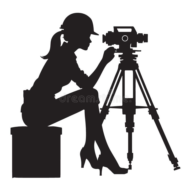 Female Surveyor Silhouette Using Leveling Instrument Vector ...