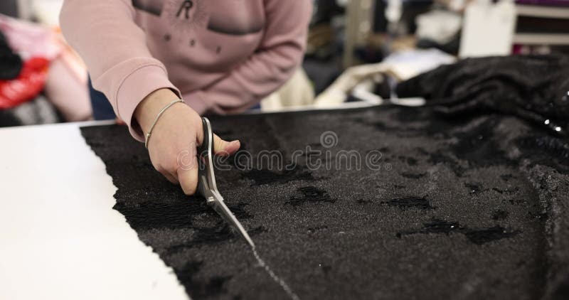 Female Tailor Carefully Cuts Fabric Using Sharp Scissors Stock Video ...