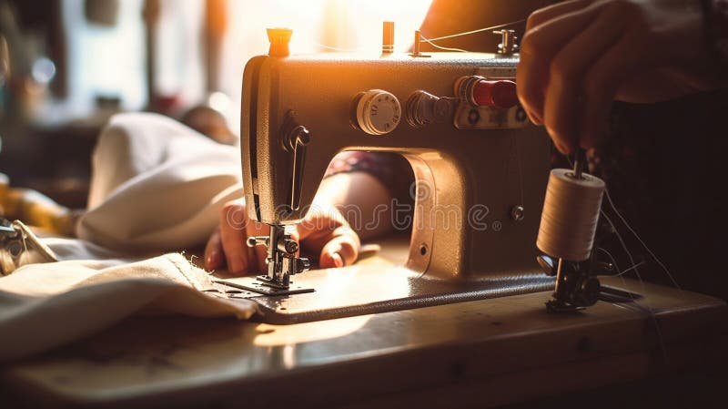 Female Tailor Putting Thread into Sewing Machine while Working in Light ...