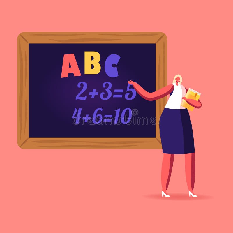 Female Teacher Character With Pointer Explain Abc And Mathematics