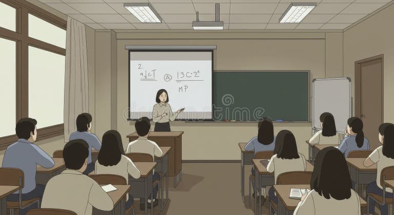 Female Teacher Explains Physics Formula on Whiteboard in Classroom ...